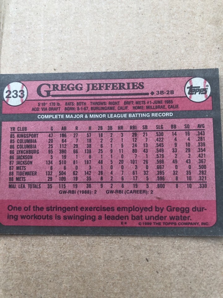 1989 Topps Gregg Jefferies baseball ROOKIE card New York Mets #233 ...