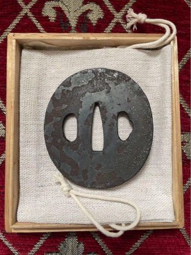 Sword Tsuba Silver Inlay Iron Base Kanemori Inscription Stone Grain ...