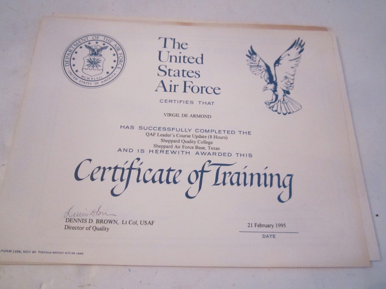LOT OF 8 U.S. AIR FORCE CERTIFICATES OF TRAINING DEPT. OF DEFENSE '89 ...