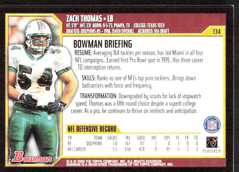 2000 6096B Bowman Zach Thomas Miami Dolphins #134 | eBay
