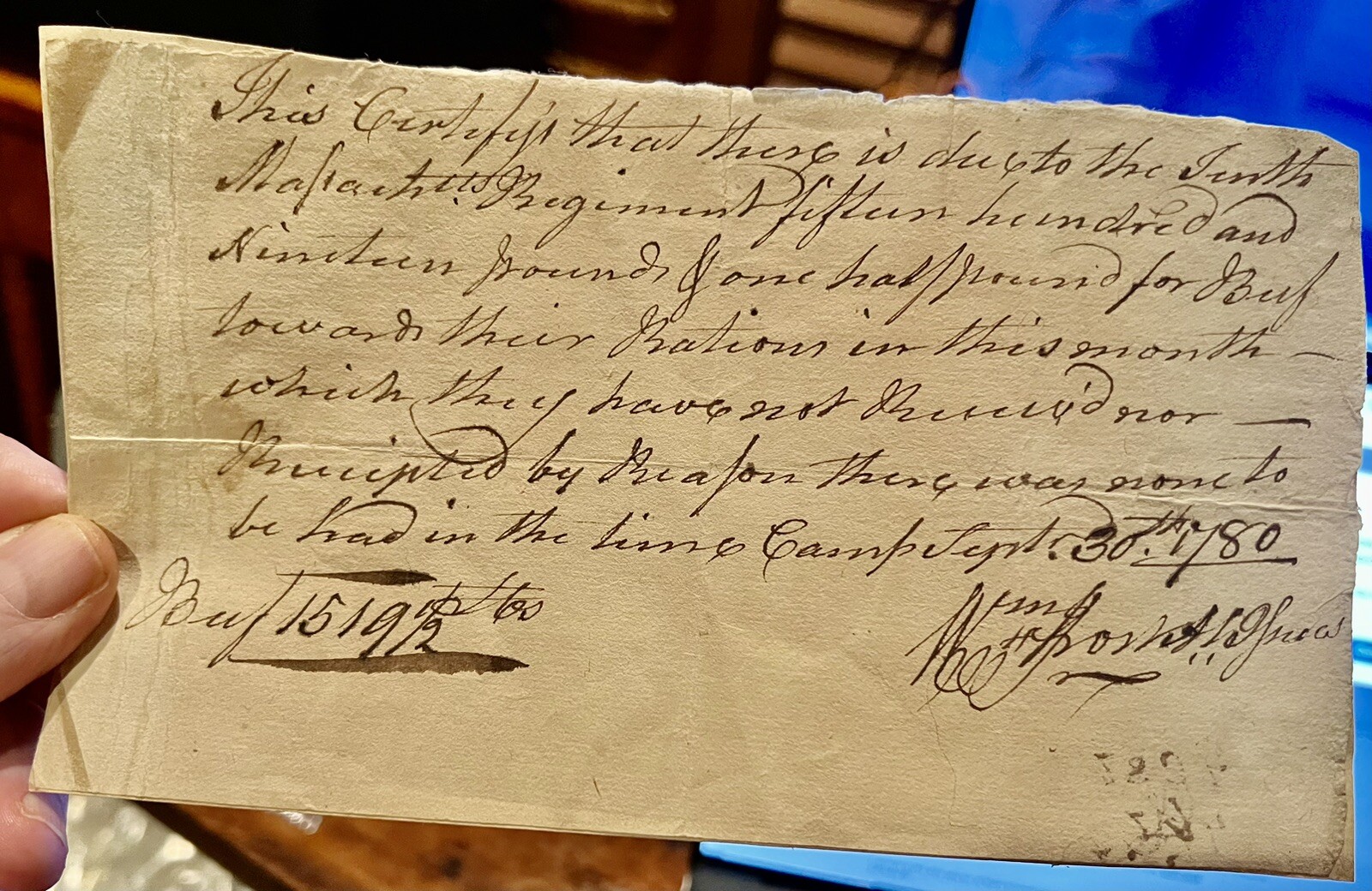 MA 10th Regiment Revolutionary War 1780 Payment Chit IOU 151 for 1519.5 ...