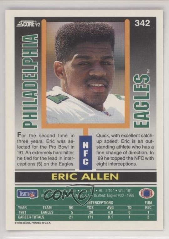 1992 Score Eric Allen #342 HOF | eBay