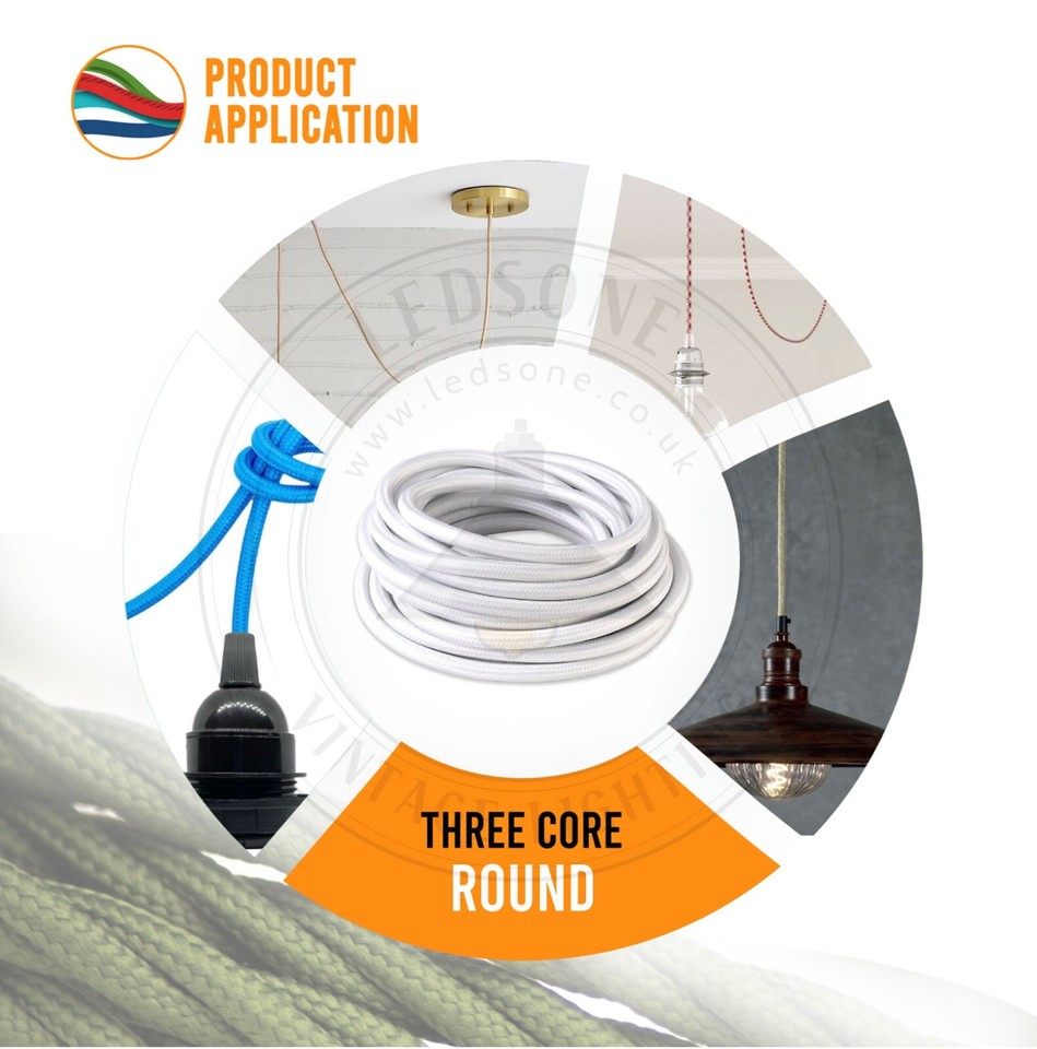 Vintage 3 Core Braided Fabric Lighting Cable Flex Wire 10M Coloured ...