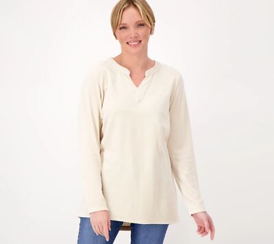 Denim & Co. Velour Split Banded V-Neck Shirt Stone Khaki M New | eBay