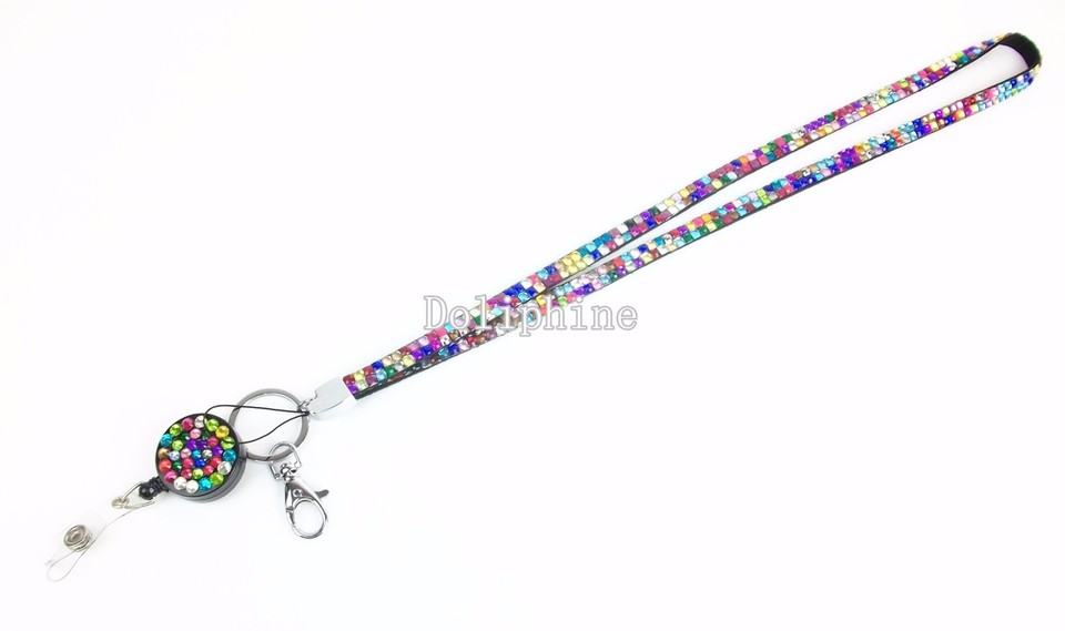 Multi Color Bling Rhinestone Lanyard with Retractable Reel for ID Badge ...