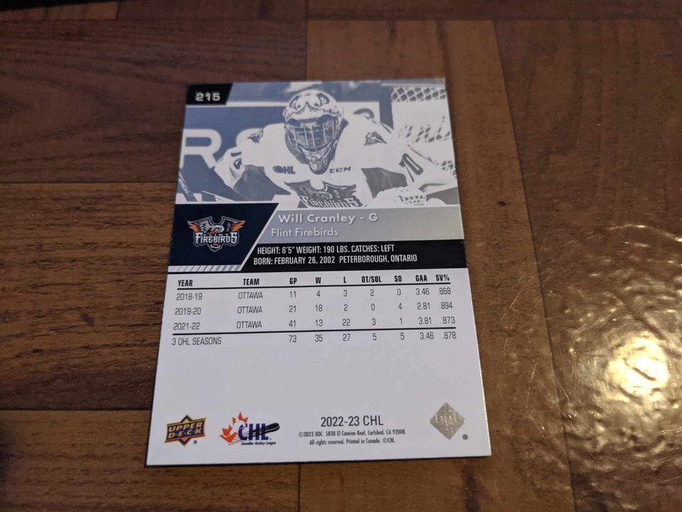 Will Cranley 22-23 Upper Deck CHL Base Common #215 Flint Firebirds | eBay