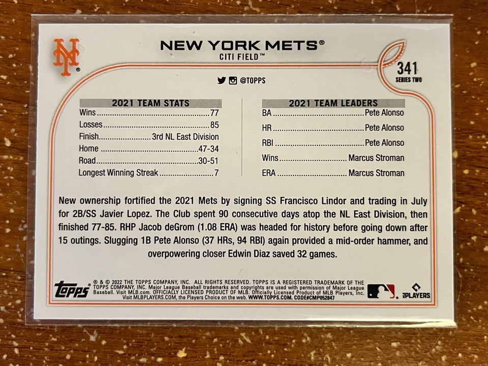 2022 Topps Series 2 New York Mets Team Card Meijer Purple #341 Lindor ...