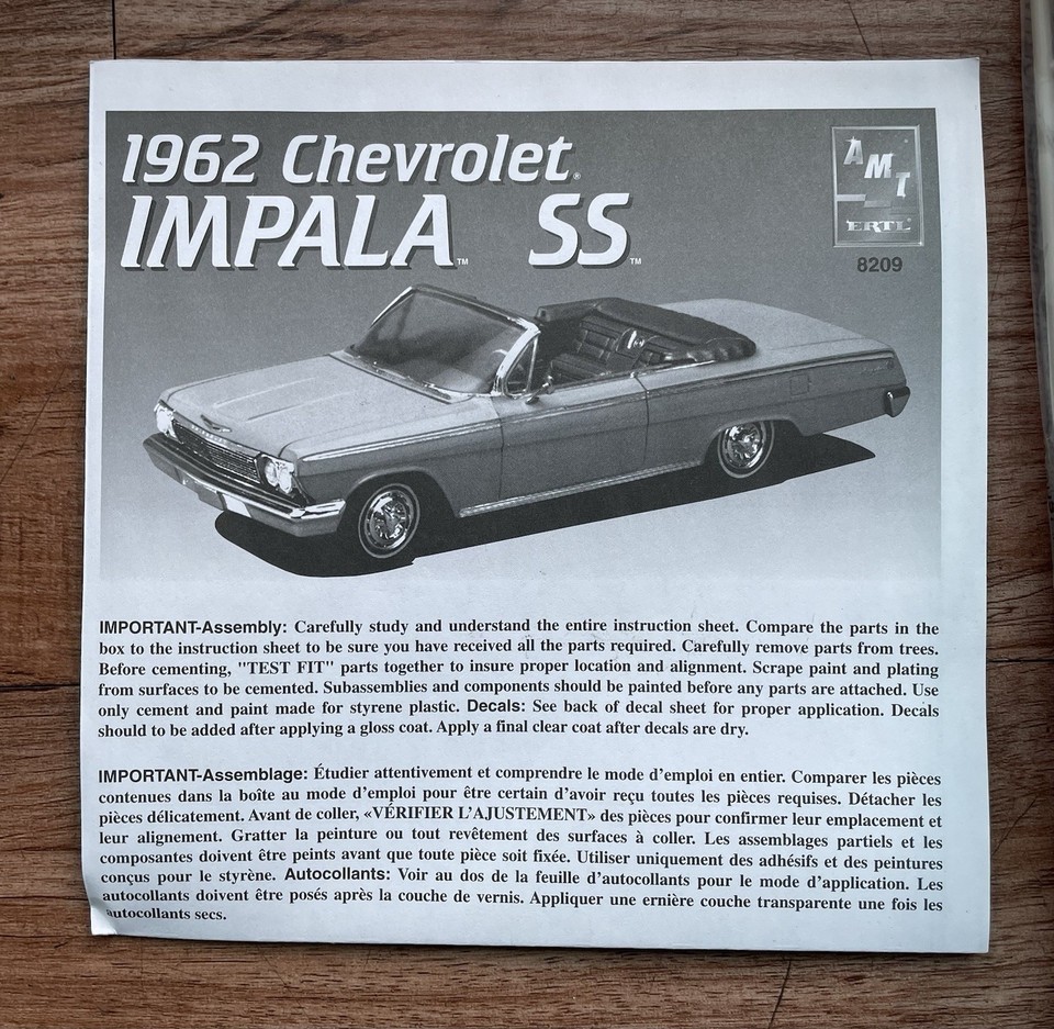 AMT/ERTL 1962 Chevrolet Impala SS 1/25 Scale Plastic Model Kit Open Box ...