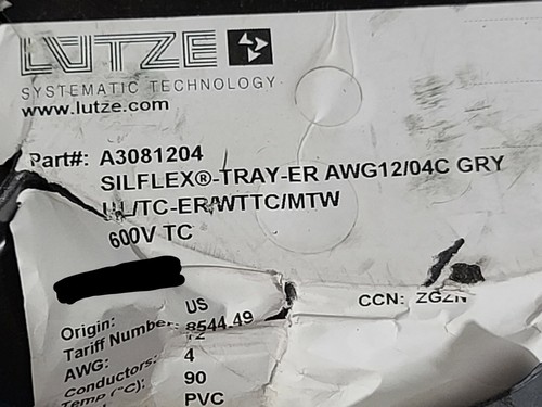 Lutze A3081204 12/4C SILFLEX Power/Control Tray Cable TC-ER-JP Gray ...
