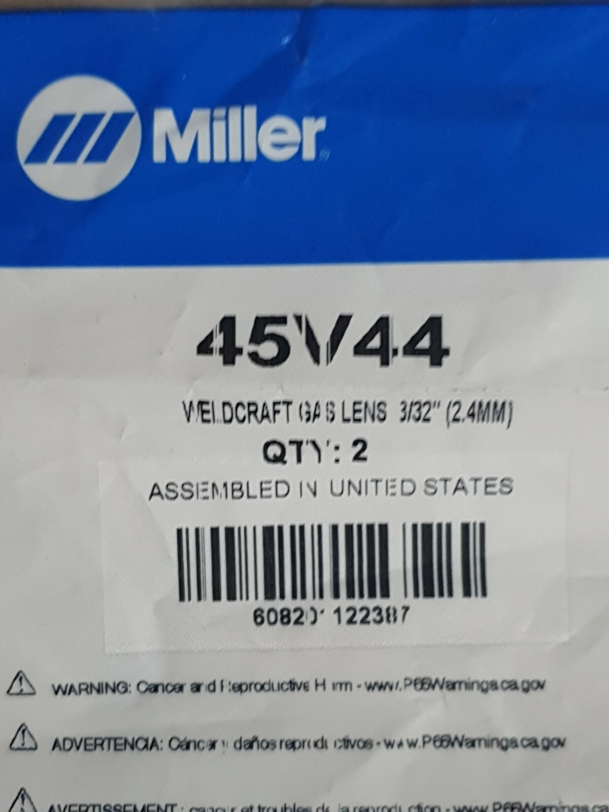 Miller Weldcraft 45V44 Tig Torch Gas Lens 3/32" 2.4mm Pk of 2 Lense WP9 ...