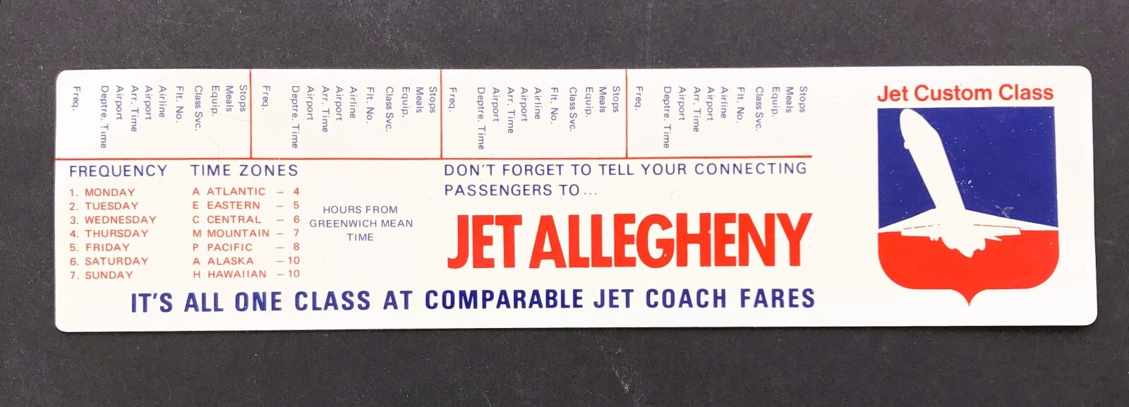 JET ALLEGHENY AIRLINES PLASTIC 1973-74 CALENDAR SCHEDULES TIMETABLES 10 ...