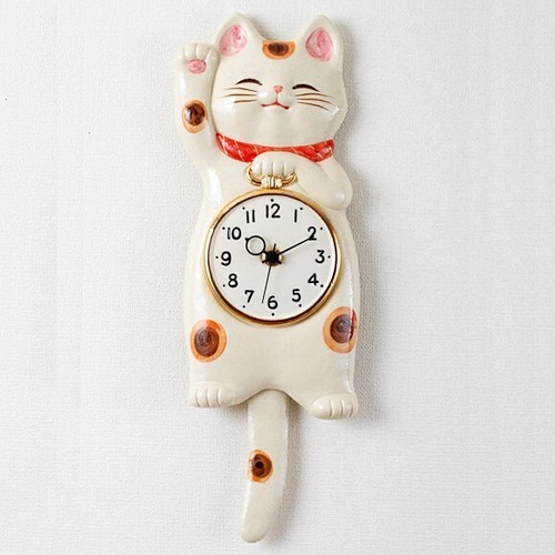Japanese White Lucky Cat Manekineko Pendulum Wall Clock Pottery SETO ...