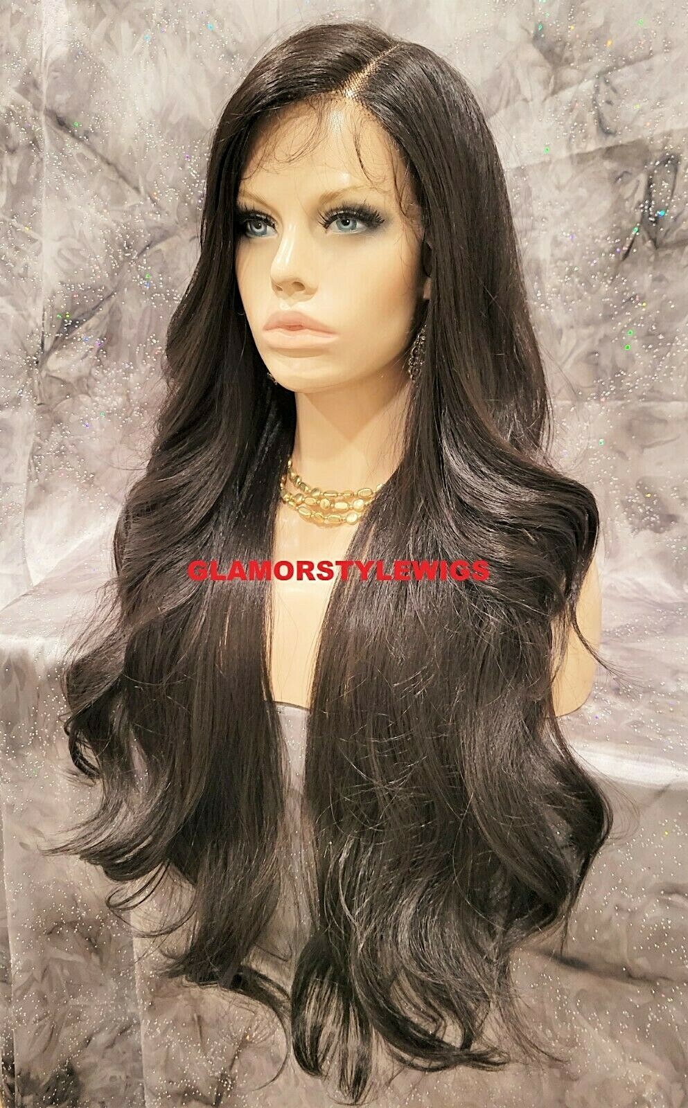 LACE FRONT FULL WIG LONG WAVY LAYERED SIDE PART DARKEST BROWN #2 HEAT ...