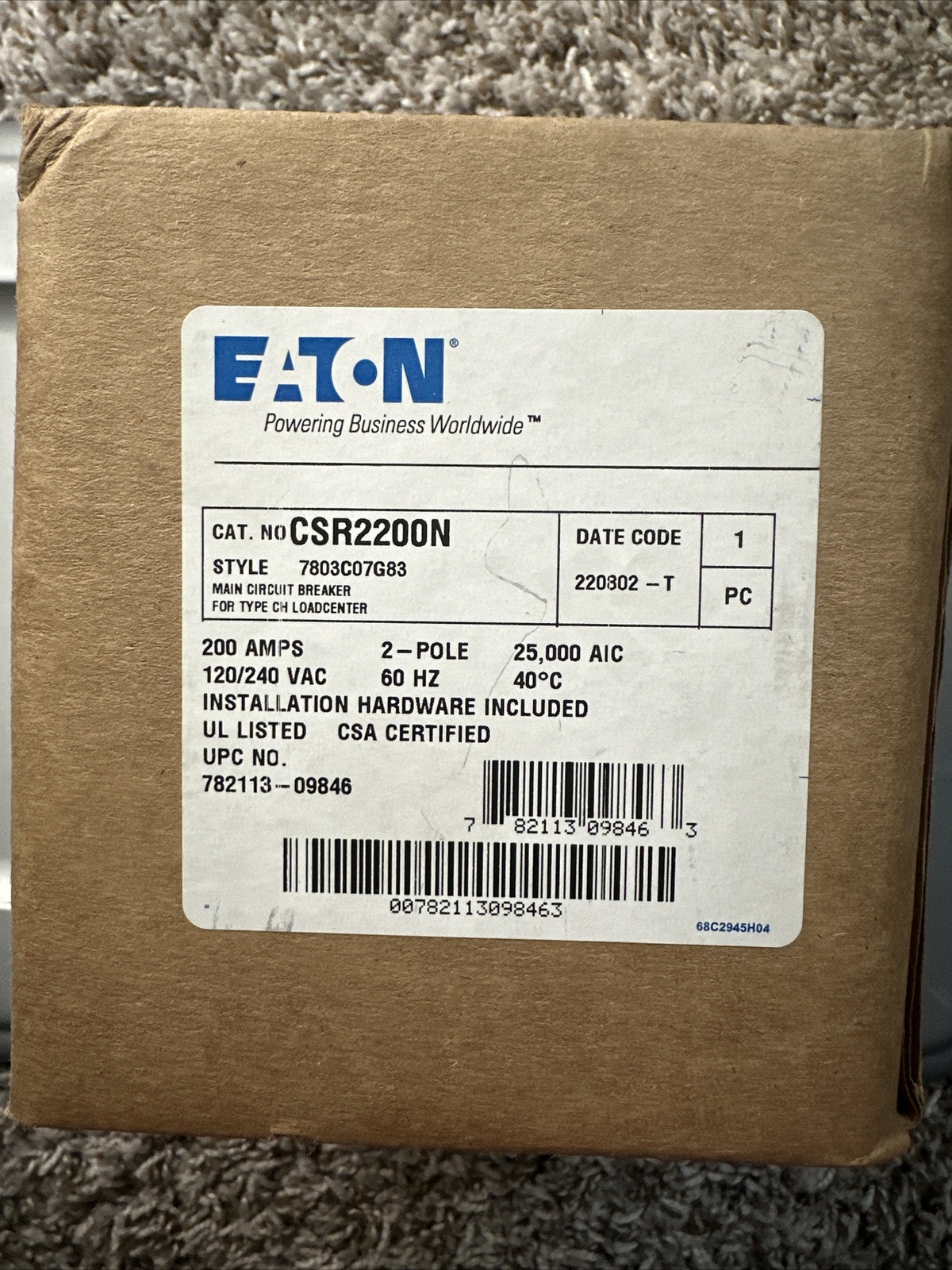 Eaton CSR2200N Type CSR Standard Circuit Breaker - Black for sale ...