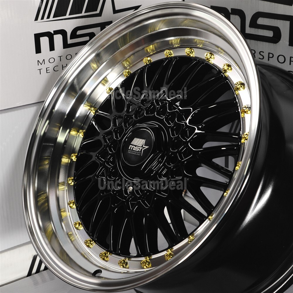 17x8.5 5x112 5x114.3 +30 MST MT13 BLACK MESH SILVER LIP GOLD RIVETS ...
