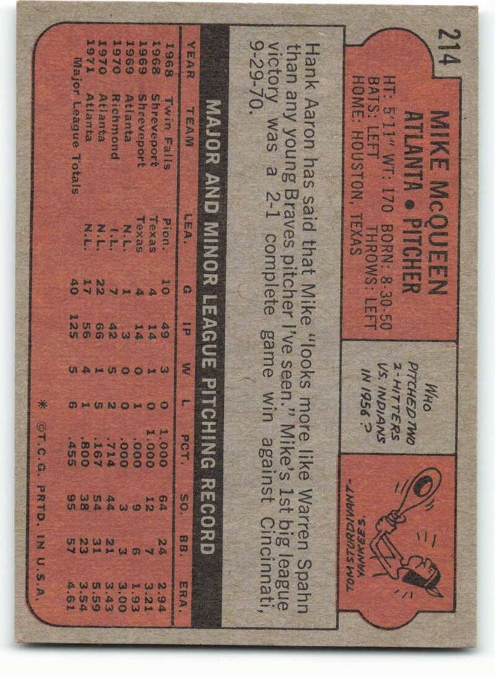 1972 Topps #214 Mike McQueen EX/NM Braves ID:306312 | eBay