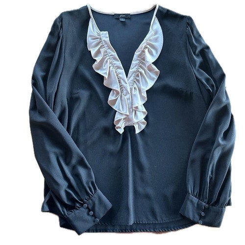 J.Crew Long Sleeve Ruffle Front Top In Satin Crepe Black Cream Size ...