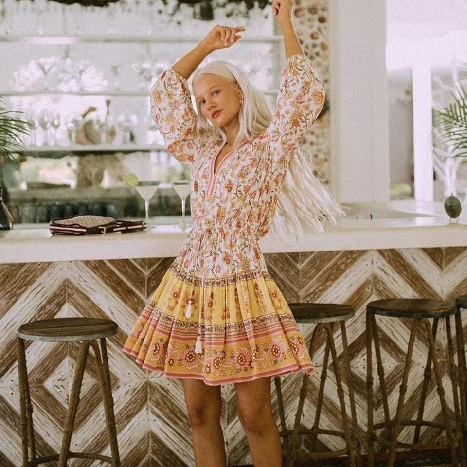 Spell Dress Size XL Floral Portobello Road Mini Boho Long Sleeve Yellow ...