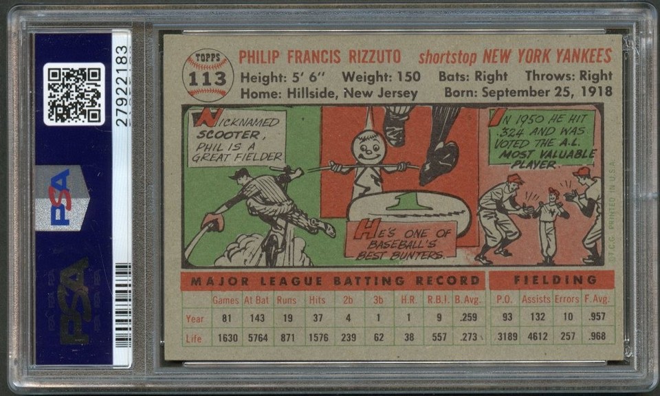 1956 Topps #113 Phil Rizzuto HOF [Gray back] PSA 9 Mint 27922183 | eBay
