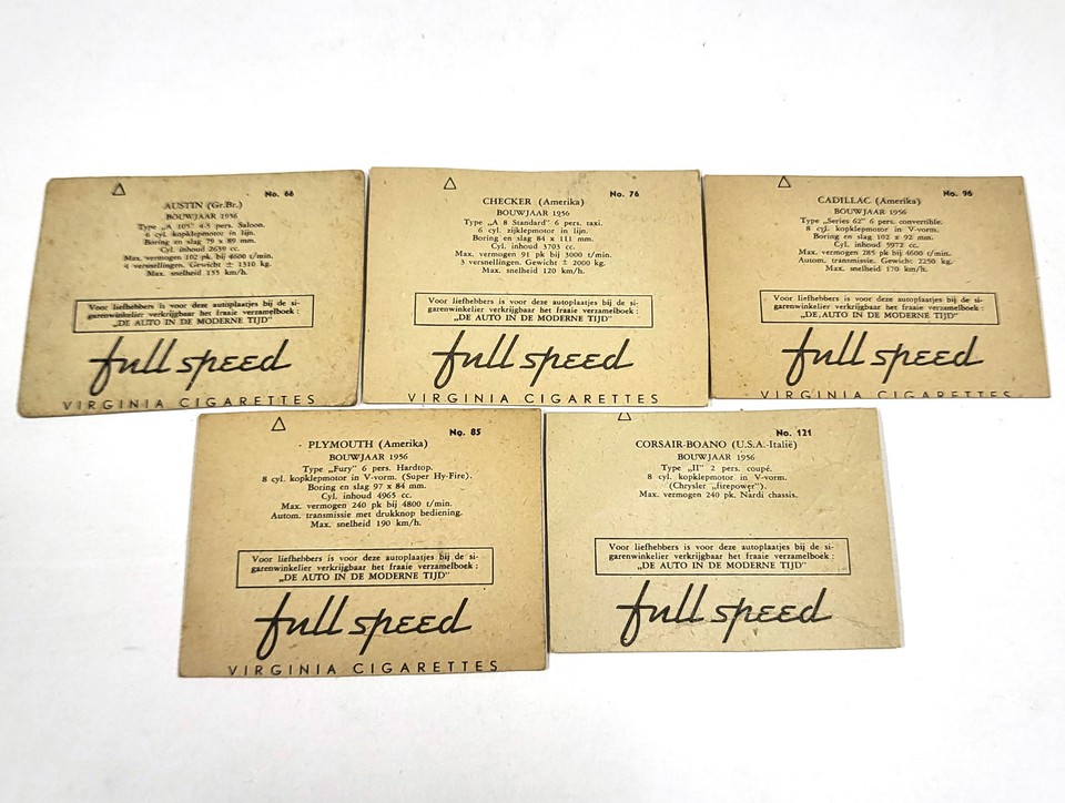 Vintage Full Speed Virginia Cigarette Cards – 5x Car Series ...