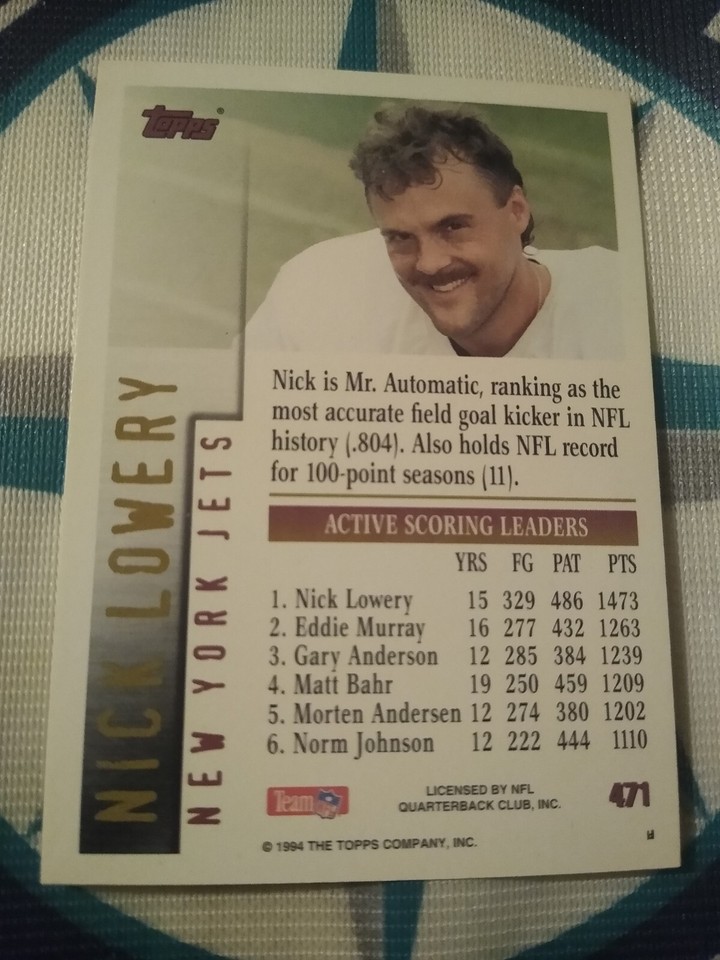 1994 NICK LOWERY TOPPS CAREER ACTIVE LEADERS NFL CARD #471 NY JETS KC ...