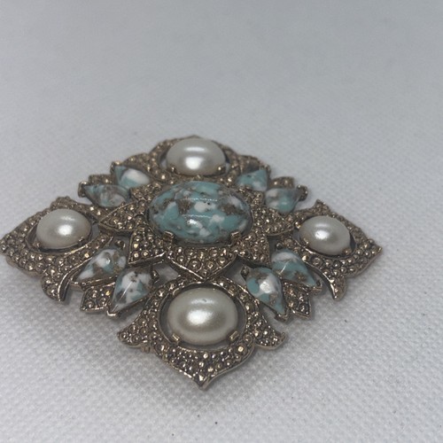 Vintage Sarah Coventry Faux Turquoise & Pearl Cabochon Marcasite Brooch ...