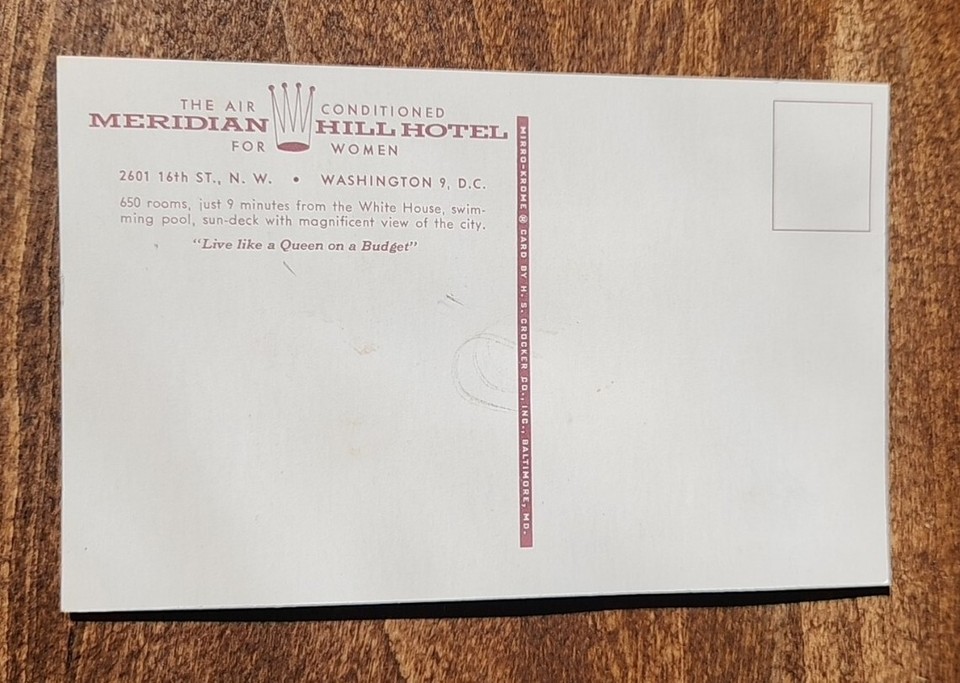 Vintage Meridian Hill Hotel for Women, Washington DC Unposted Postcard ...