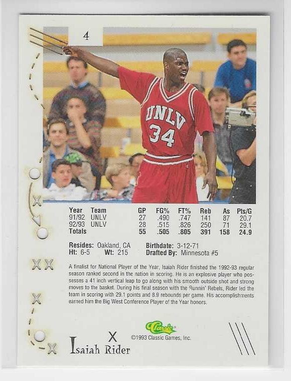 1993 Classic 4 Sport C3 Gold Crown Cut Lasercut #4 ISAIAH RIDER Rookie ...