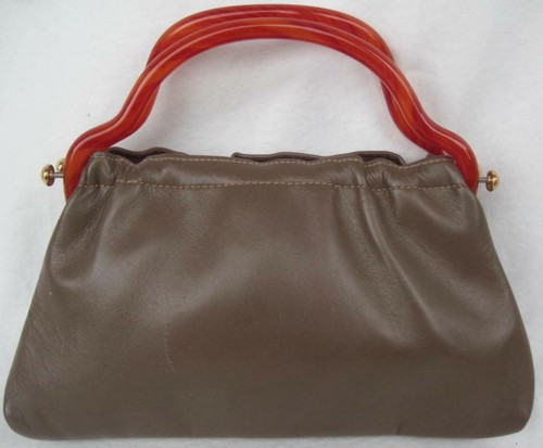 Vintage Ladies Purse 2 Amber Lucite Handles Brown Leather Unbranded | eBay