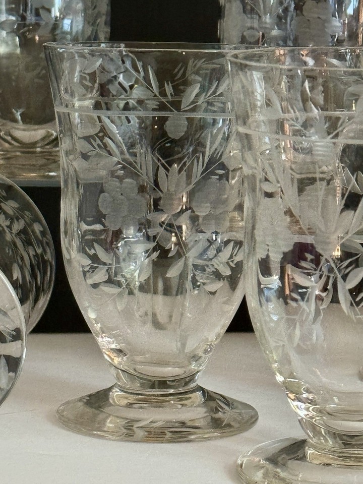 30 Pc Tiffin Etched Crystal Stemware Set Flanders Floral Goblets Coupes ...