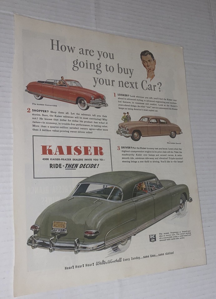 Vintage 1940s Kaiser Car Print Ad Convertible 1949 MCM Prop | eBay