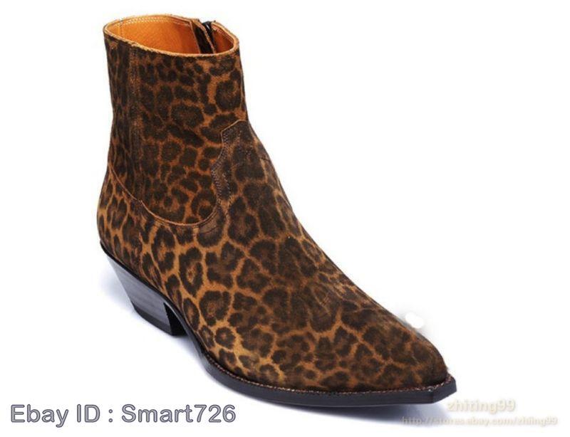 Occident Mens Leopard Block Heel Ankle Boot Chelsea Leather Real Suede ...