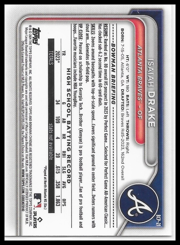 2024 Bowman #BCP-21 Isaiah Drake Chrome Prospects | eBay