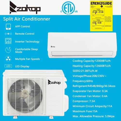 Zokop 4-IN-1 12000 BTU Mini Split Air Conditioner Heat Pump Remote 21 ...