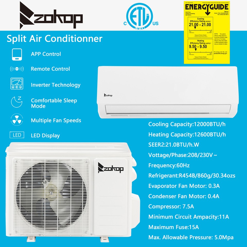 Zokop 4-IN-1 12000 BTU Mini Split Air Conditioner Heat Pump Remote 21 ...