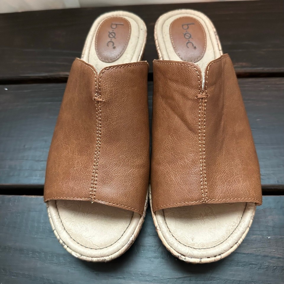 Børn BOC Women 8 M Wedge Slide Sandals Z49141 Brown Leather Cork Wedge ...