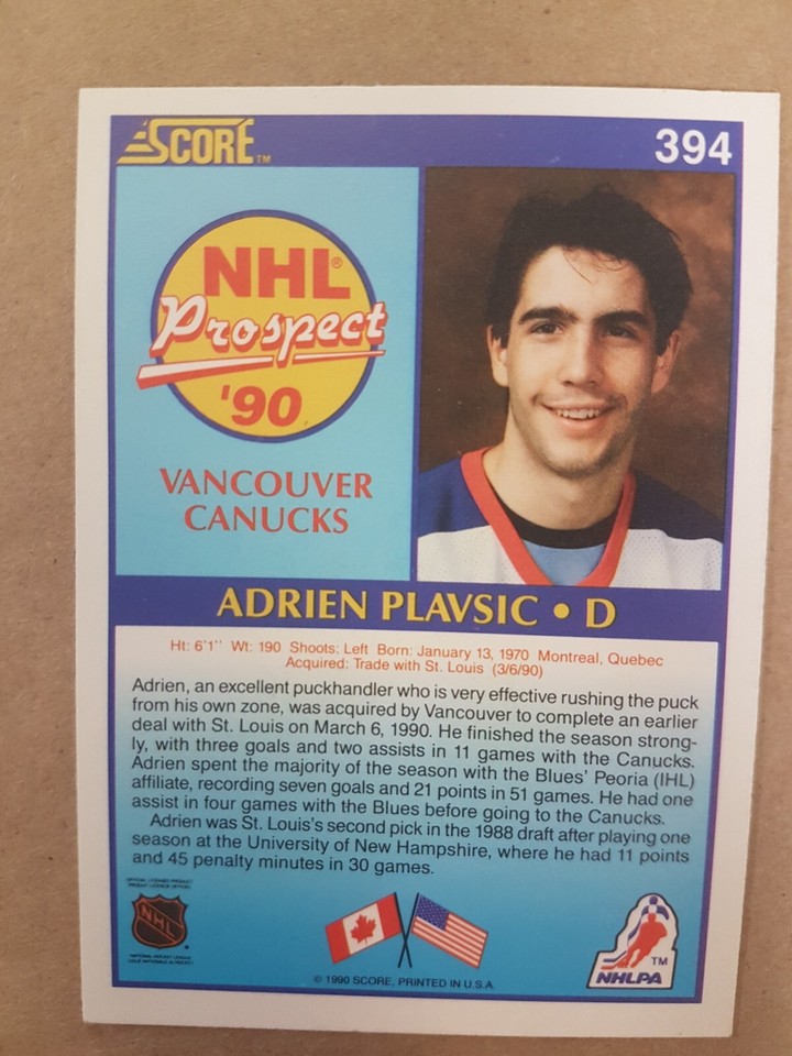 Adrien Plavsic Autograph Card Signed Hockey Canucks NHL Score 394 1990 ...