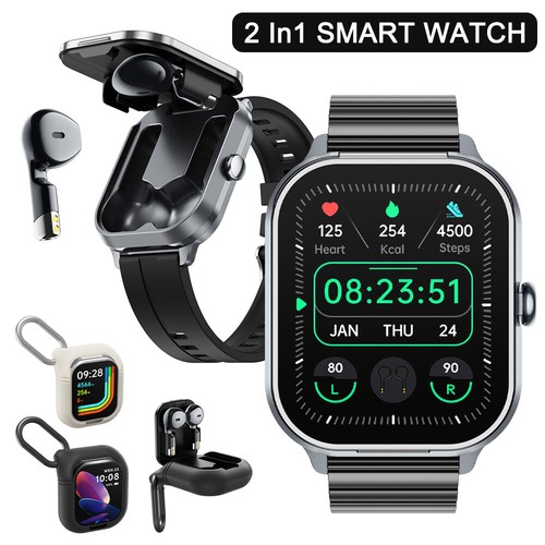 Smart Watch with Earbuds Men Smartwatch 2 in 1 Wireless Headset For iOS ...