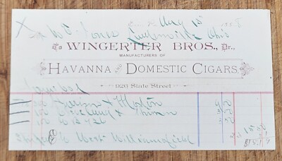 1888 Billhead Erie Pennsylvania Wingerter Brothers Havana Domestic ...