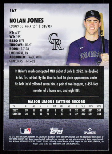 2023 Stadium Club Nolan Jones #167 BASEBALL CARD Colorado Rockies RC | eBay