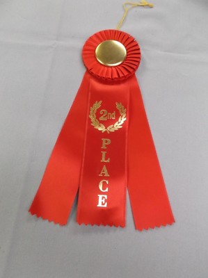 red 2nd Place Rosette Ribbon triple streamer 3 x 10 gold button second ...