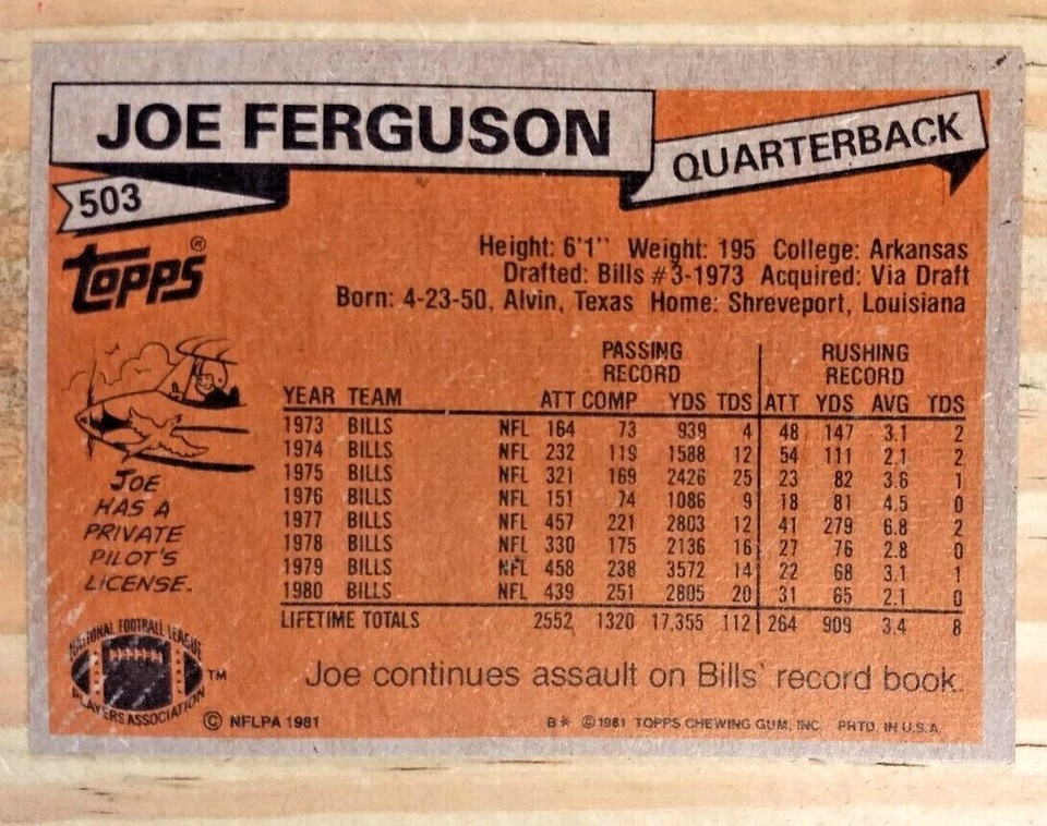 1981 TOPPS JOE FERGUSON CARD#503 NM-MT ARKANSAS BILLS LIONS BUCCANEERS ...
