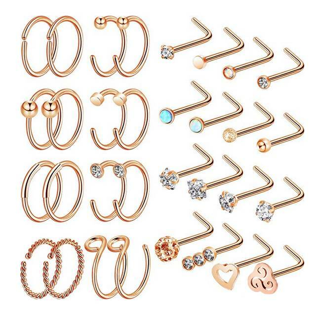 64Pcs Nose Ring Rosegold CZ Opal Nostril Pin L-Shape Screw Bone Studs ...