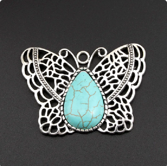Large BUTTERFLY TURQOISE AQUA STONE Pendant On 26" 925 Sterling Silver ...