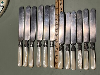 Daniel Low Salem MA mother of Pearl Sterling Band dinner knives 12 9.5 ...