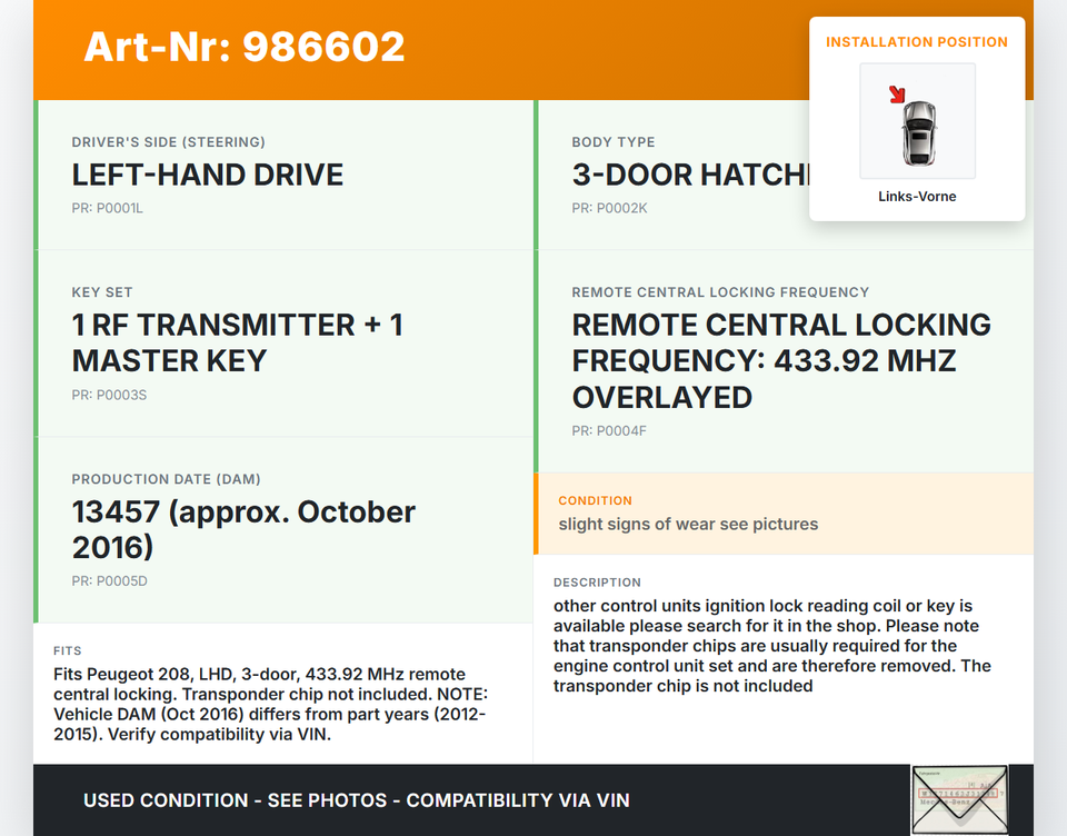 Ignition lock Key Door cylinder Left Front for Peugeot 208 I 12-15 ...