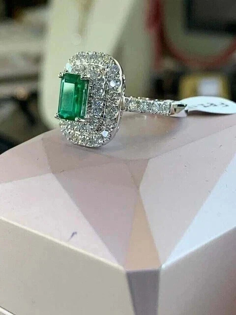 Lab Created Emerald 4CT Emerald Cut Halo Wedding Ring 14K White Gold Plated | eBay UK