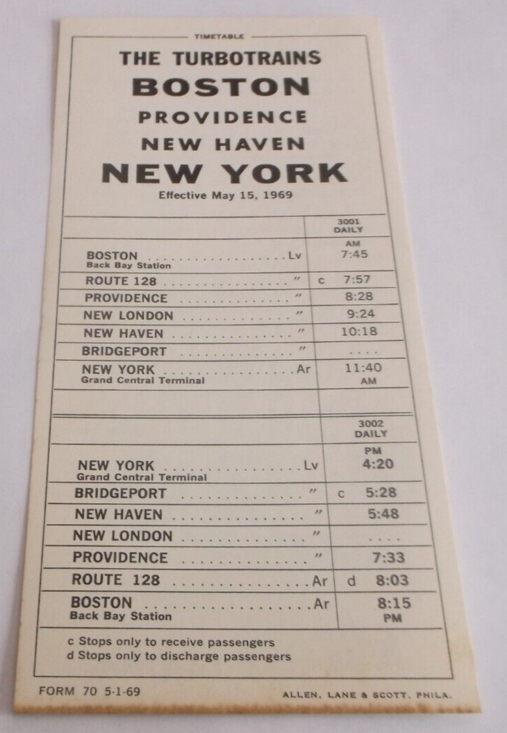 MAY 1969 PENN CENTRAL FORM 70 BOSTON NEW YORK TURBOLINER PUBLIC ...