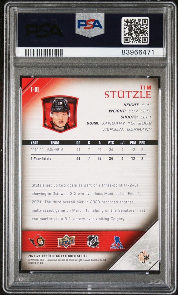 2020 Upper Deck Tim Stutzle 05-06 UD Tribute Young Guns Rookie PSA 10 ...