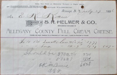 Almond, NY 1896 Dairy Letterhead: Allegany County Full Cream Cheese ...